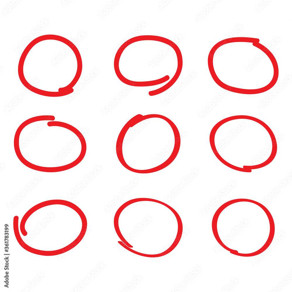 Red circle pen draw set. Highlight hand drawn circle isolated on white ...