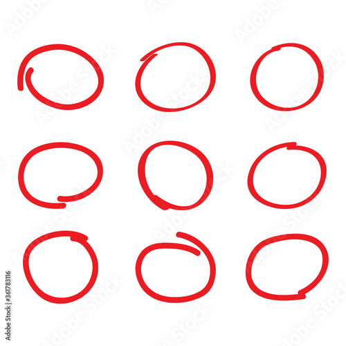Red circle pen draw set. Highlight hand drawn circle isolated on white ...