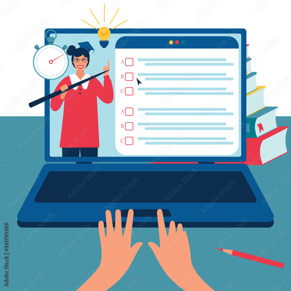 Online exam, checklist and laptop, taking test, choosing answer ...