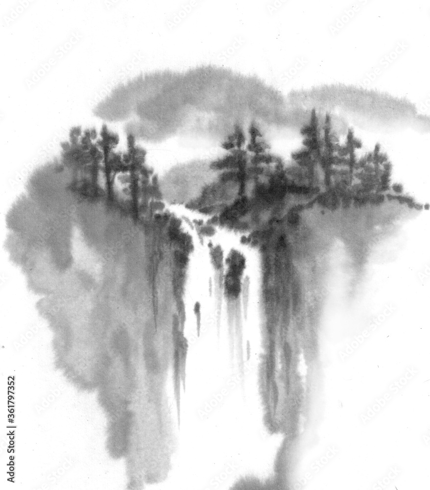 Waterfall . Background with mountains. Ink mountain landscape ...