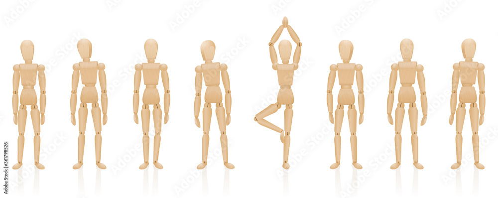 Yoga posing figure among ordinary, motionless, dull and listless ...