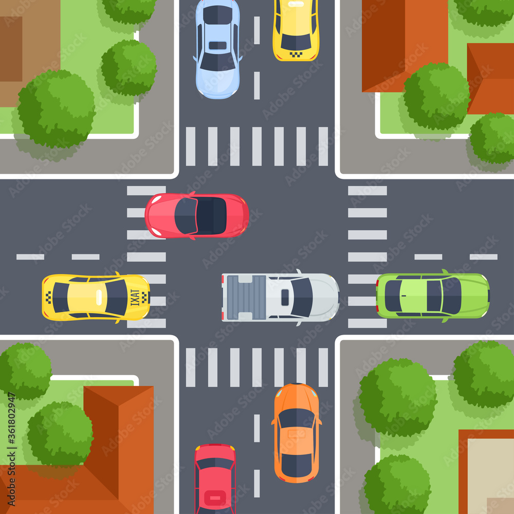 Vector illustration of crossroad top view with sidewalk, crosswalk ...