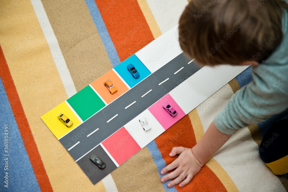 Boy sorting machines by color. Montessori concept, early education ...
