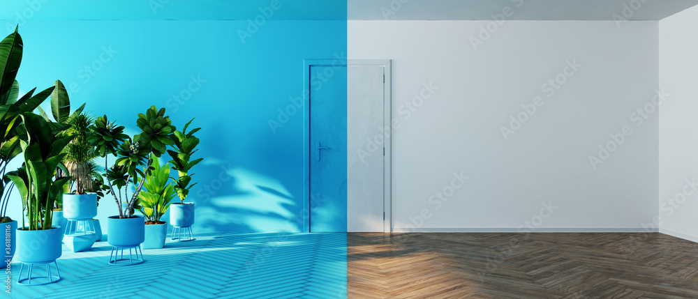 half white half blue room with plants in the left corner, frontal view ...