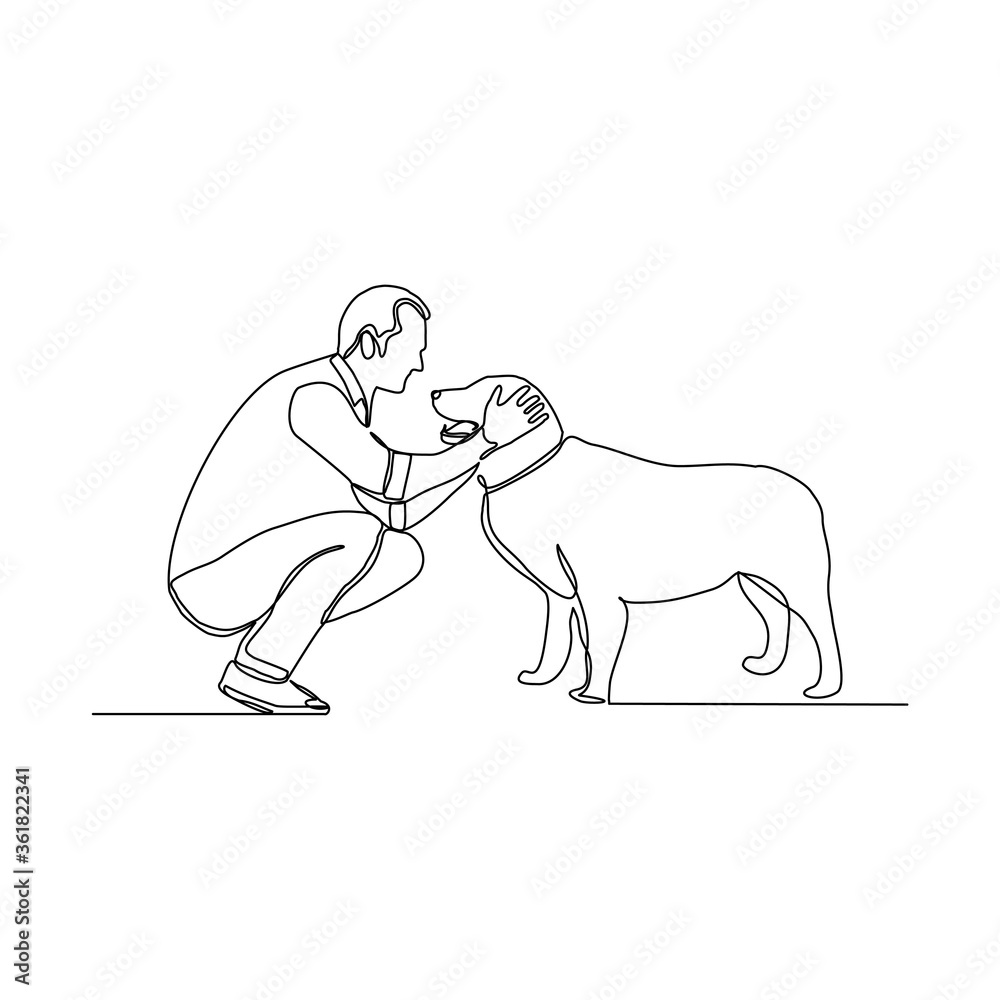 Continuous line drawing of happy man playing with dog pet. Vector ...