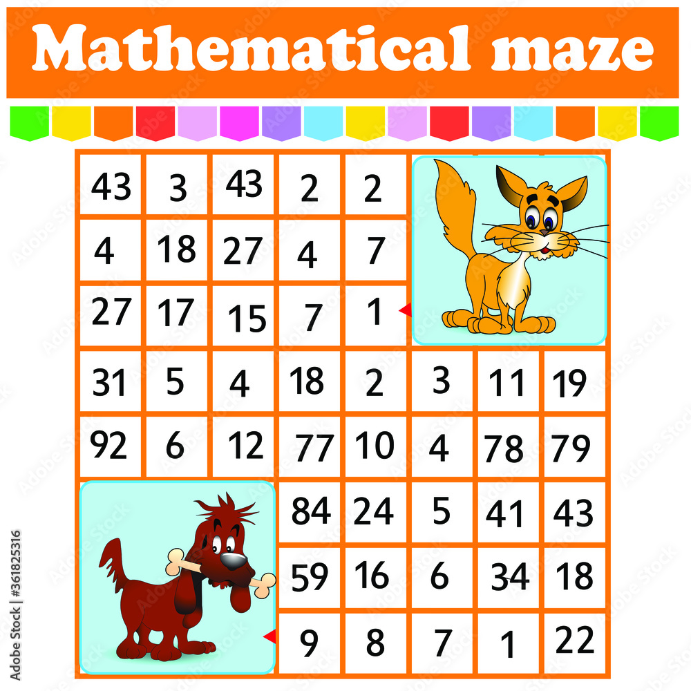 Mathematical rectangle maze.cat and dog . Game for kids. Number ...