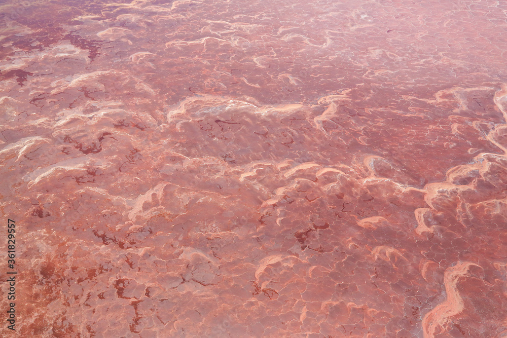 Aerial view of the salt pan and mineral crust with red algae of Lake ...