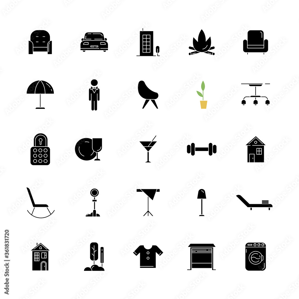 Apartment amenities black glyph icons set on white space. Comfort ...
