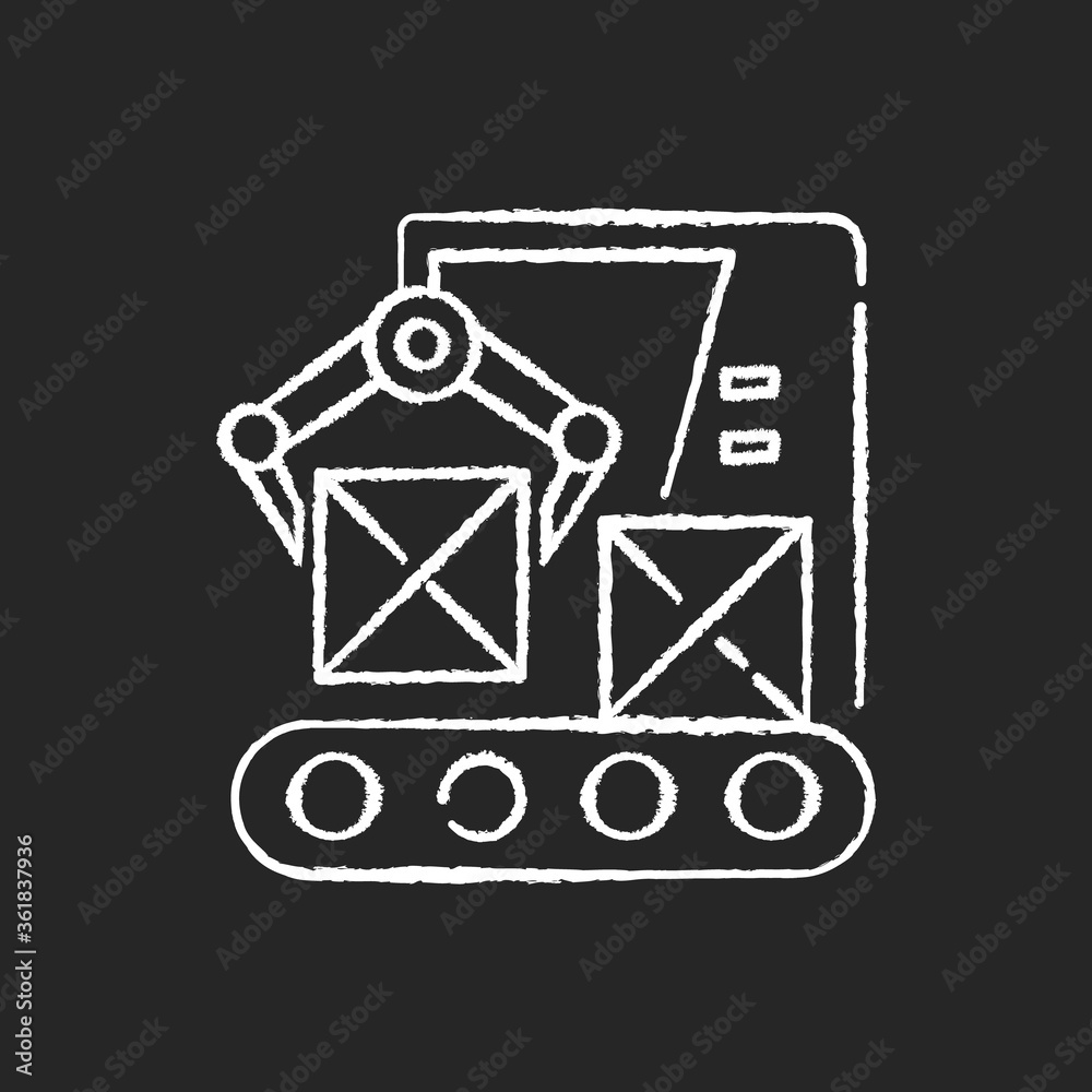 Production line chalk white icon on black background. Automated ...