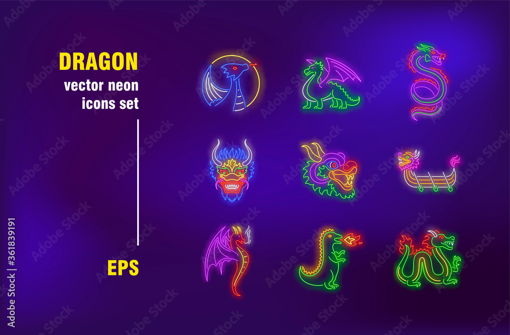 Dragon neon signs collection. Fire, creature and flight. Vector ...
