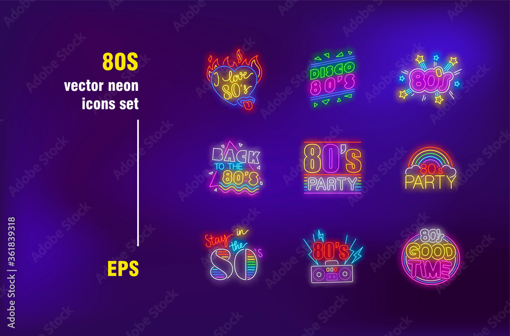 Eighties neon signs collection. Party, disco, retro and fun. Vector ...