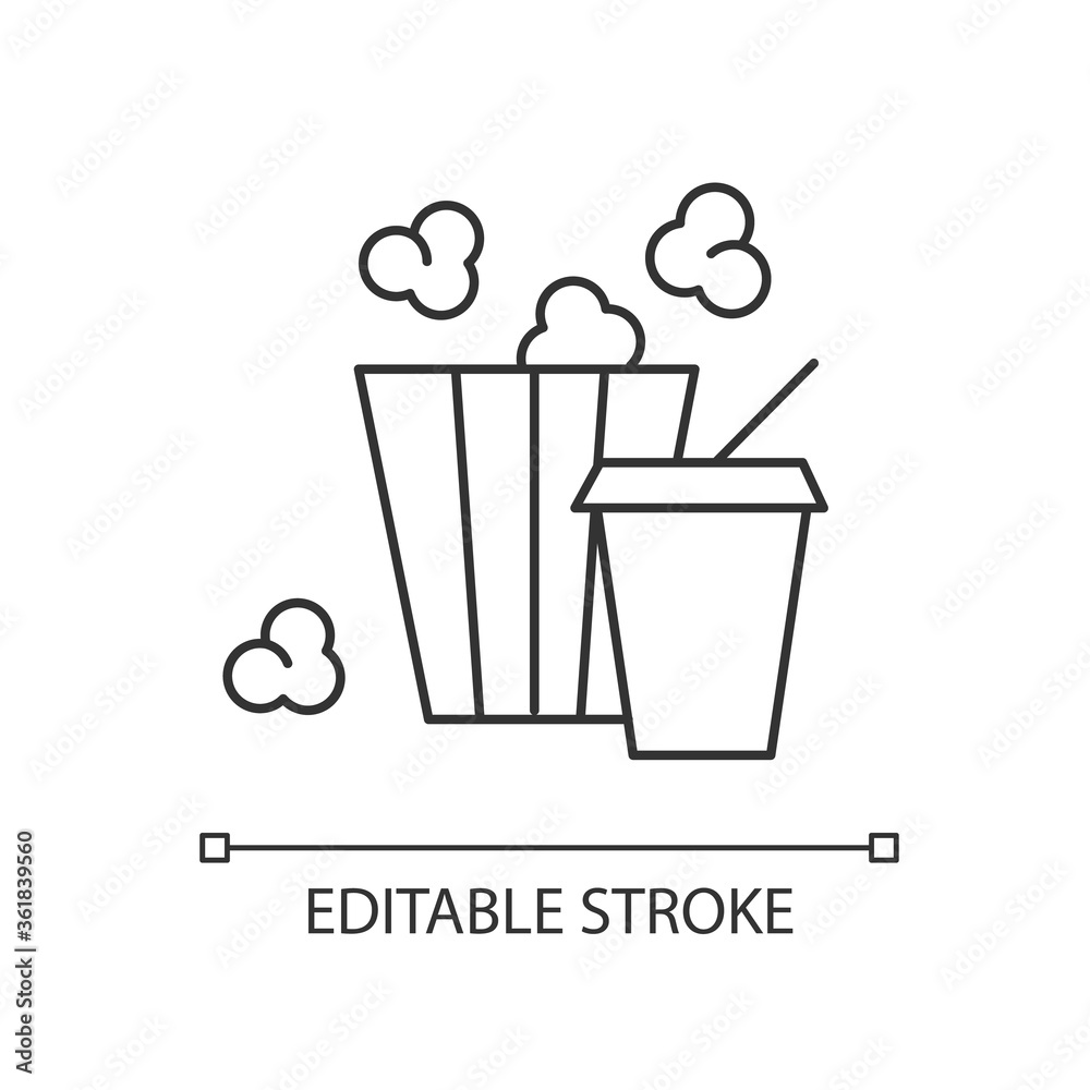Cinema food linear icon. Popcorn and soda. Fast food for movie night ...