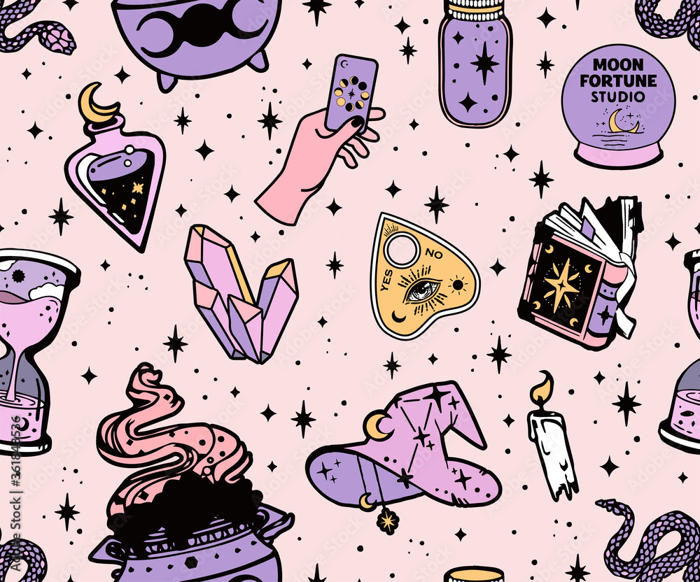Vector magic witch seamless pattern. Witchcraft background, esoteric ...
