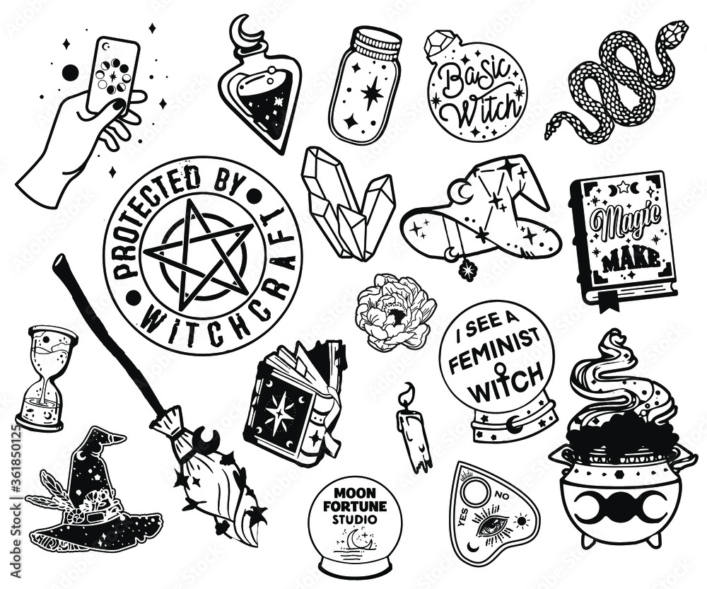 Witchcraft elements set in hand drawn style. Black magic collection ...