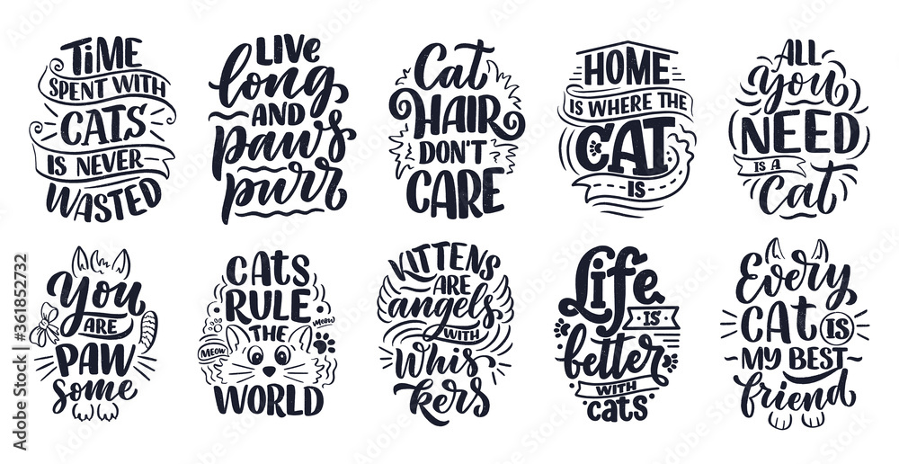 Set with funny lettering quotes about cats for print in hand drawn ...