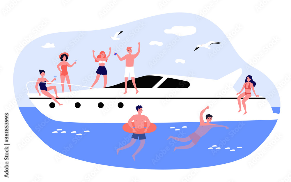 Happy young people enjoying yacht cruise. Men and women sailing ...