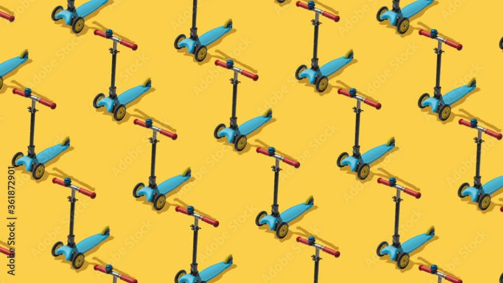 Animated background from large group of kick scooter on yellow ...