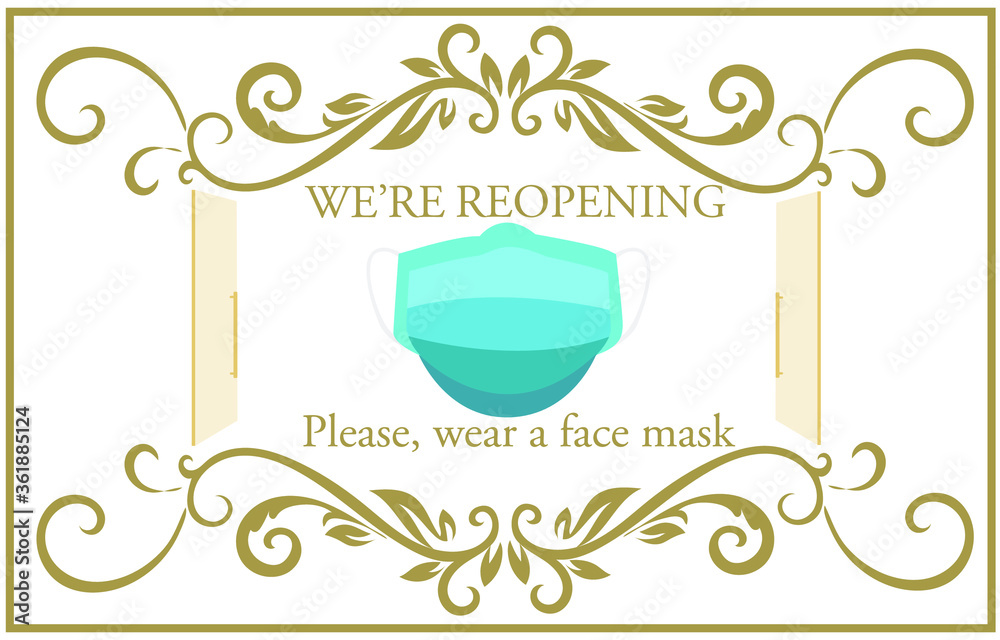 Welcome now open keep social distance and use face mask. Vector.Welcome ...