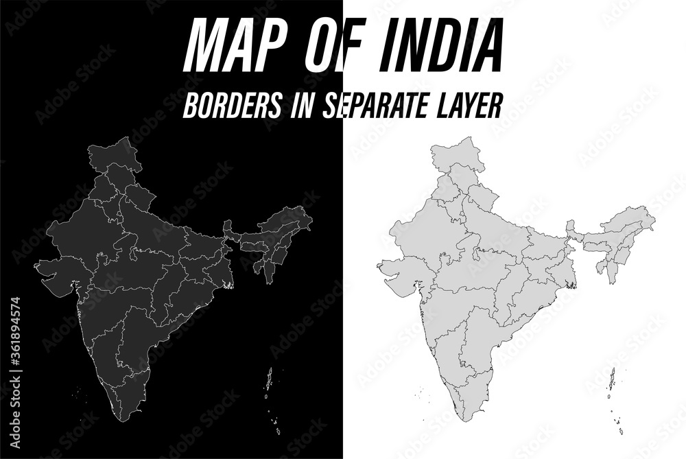 detailed map of India with borders. Black and white vector Stock Vector ...