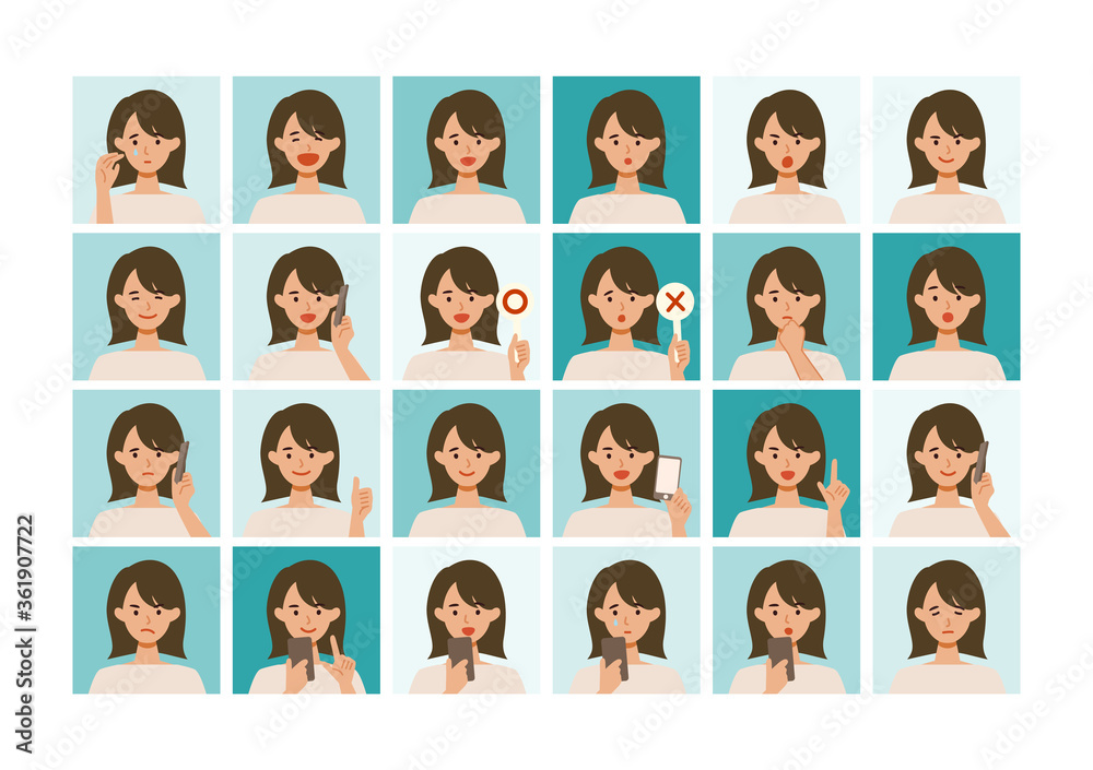 Face expressions of woman. Different female emotions and poses set ...