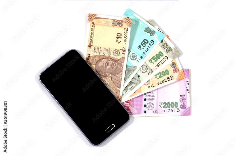 Mobile smart phone and indian rupee notes, digital money,fin-tech,money ...