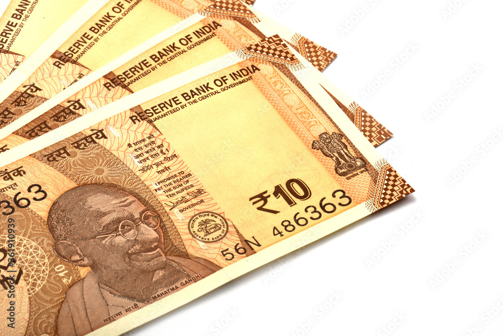 New Indian currency of 10 rupee note on white isolated background ...