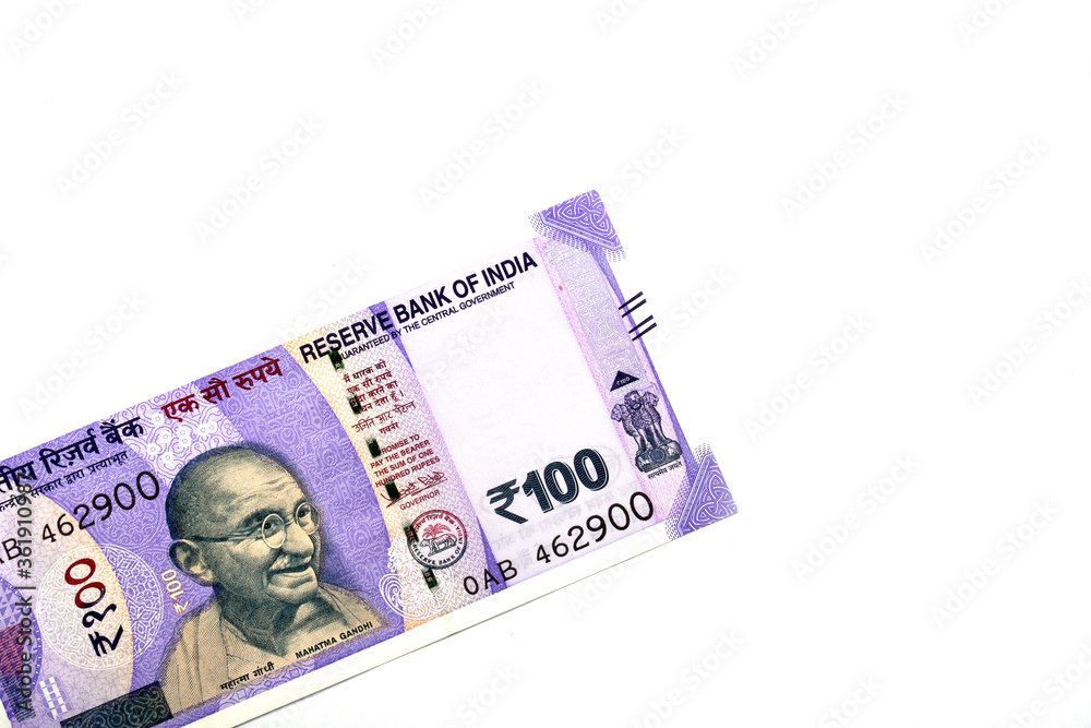 Poster New Indian currency of 100 rupee note on white isolated ...