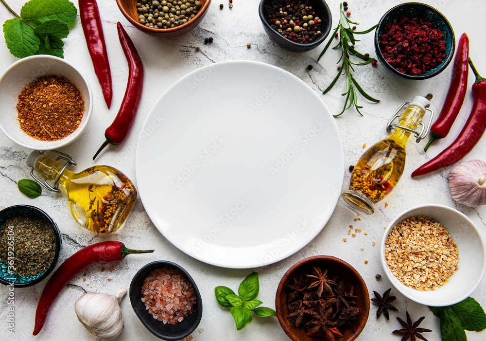 Empty plate and frame of spices Stock Photo | Adobe Stock