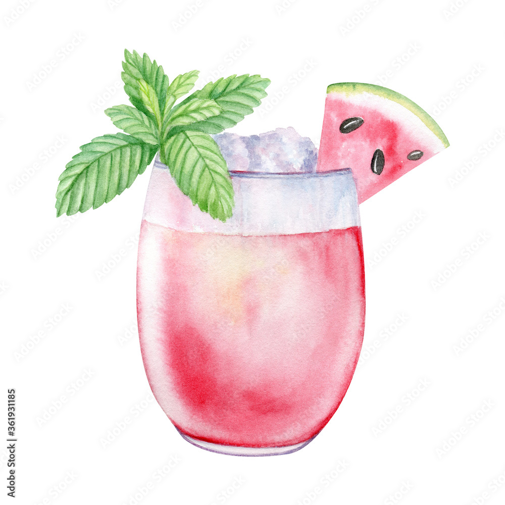 Watercolor watermelon cocktail isolated on white background. Hand drawn ...
