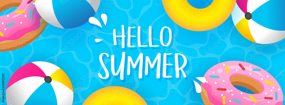 Hello Summer Banner vector illustration. Balls and donut pool floats on ...