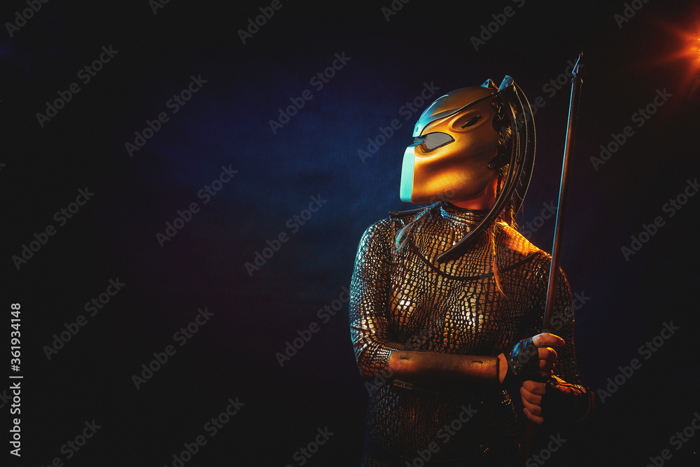 Valkyrie girl looking like an alien in shiny military armor, a strange ...