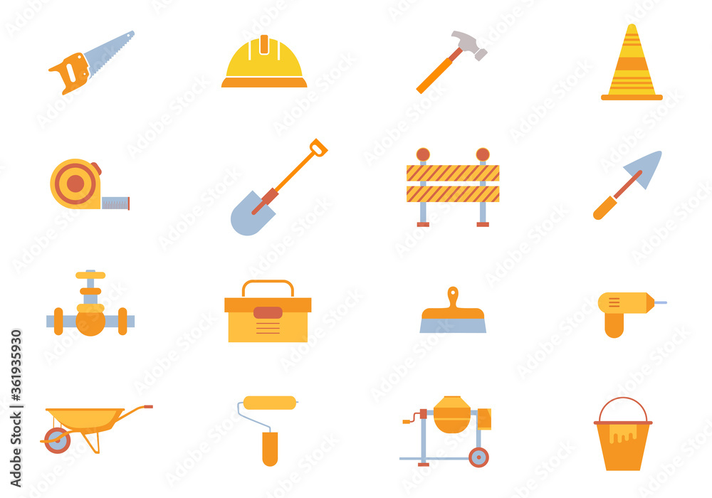 Building construction equipment vector, set of tools, safety helmet ...