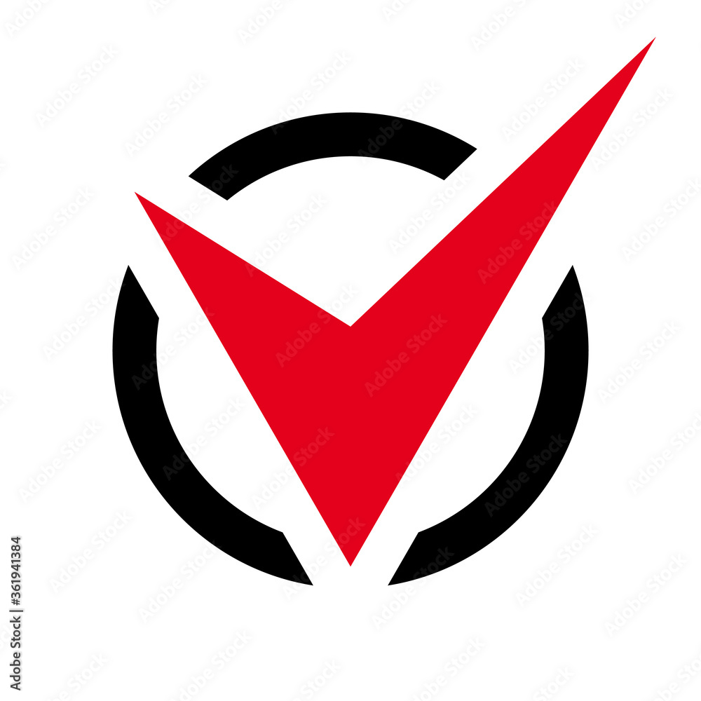 Checkbox icon, red tick symbol in a black circle isolated on a white ...