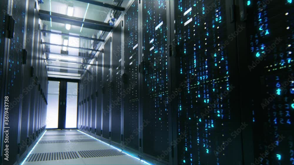 Data Center Matrix Style Numbers Raining in Server Racks. Animation Visualizing and Digitalizing ...