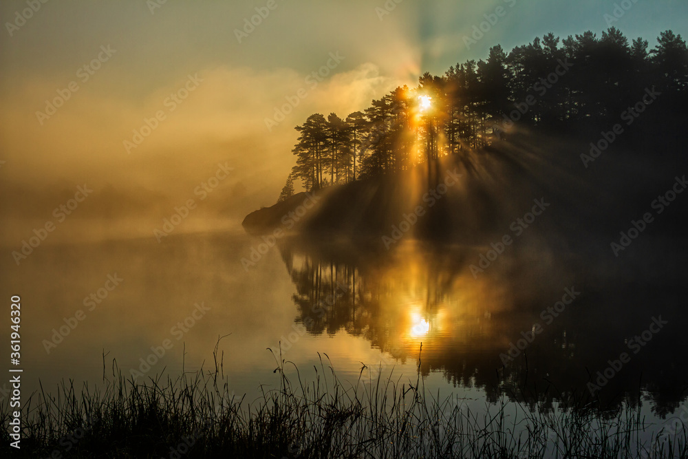 Fantastic foggy river in the sunlight. Sun rays over lake. Sun rays ...