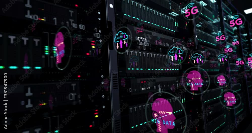 Servers room with symbols of modern technology, 5G, business ...