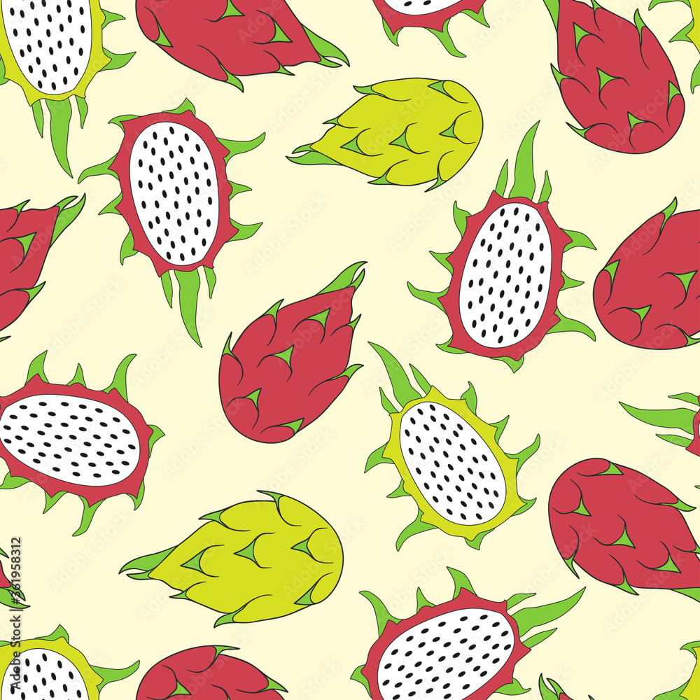 Botanical background with colorful dragon fruits. Seamless fruit ...