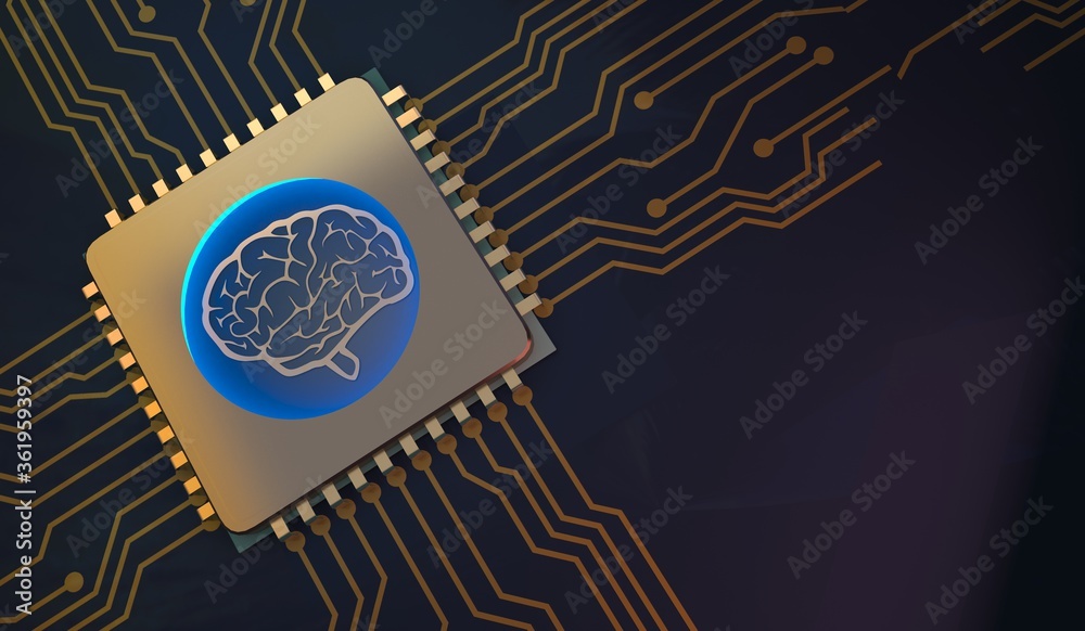 machine learning Brain symbol on circuit board 3d Rendering Stock ...