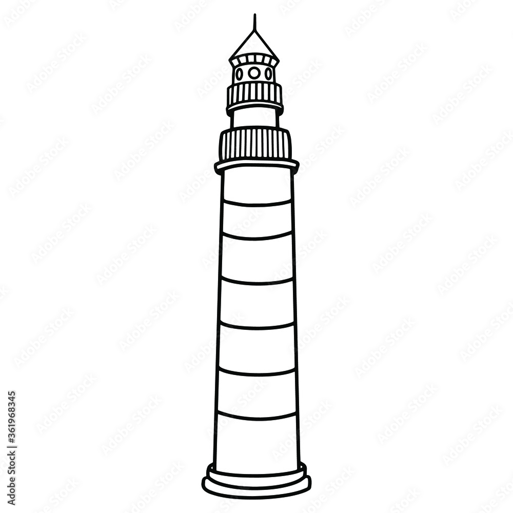 Tall lighthouse on a white background. Black and white vector outline ...