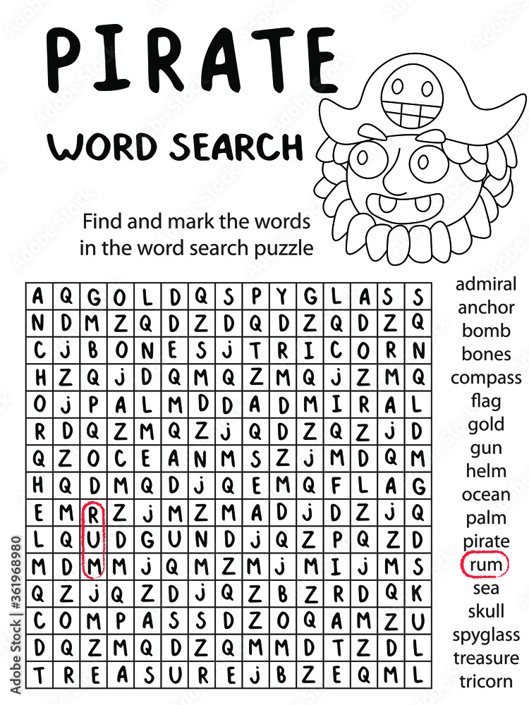 Pirate captain word search puzzle. Find and mark the words in puzzle ...