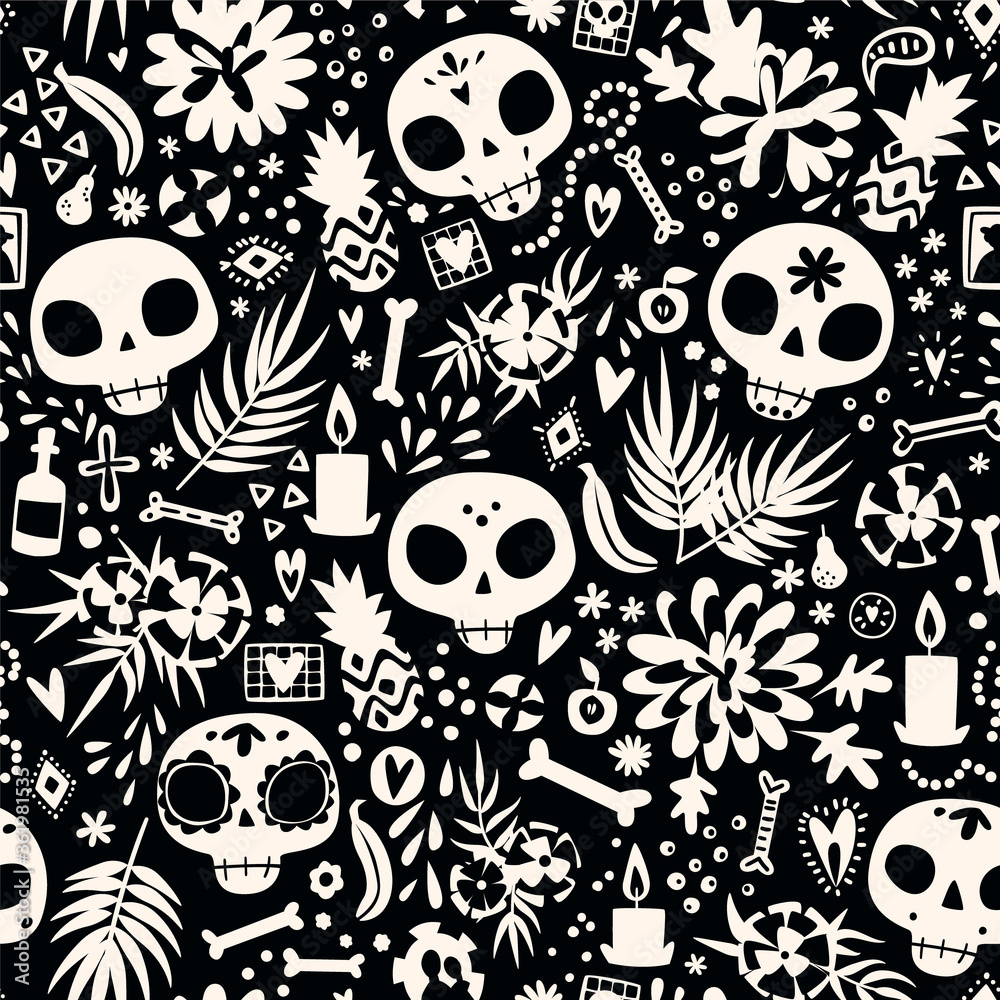 Dia de los Muertos seamless vector pattern. The main symbols of the ...