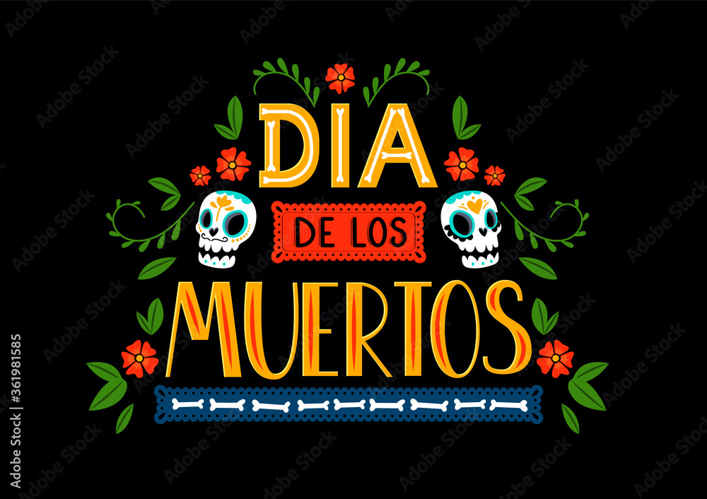 Vecteur Stock Dia de los Muertos lettering in bright cartoon style. Day ...
