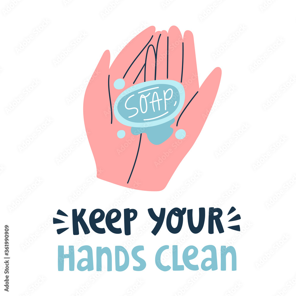 Cute vector illustration with hands holding soaps. Arms in foam soap ...