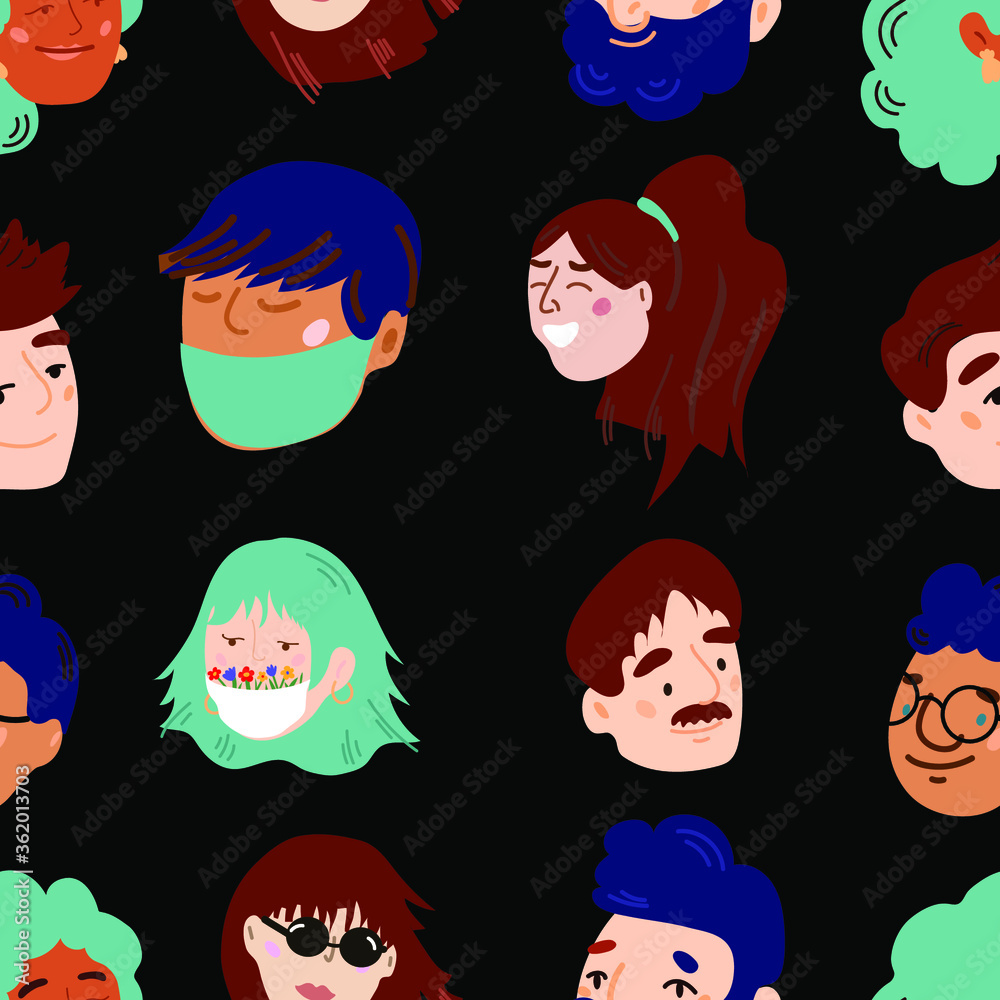 Seamless patterns and hand drawn texture. Various people faces ...
