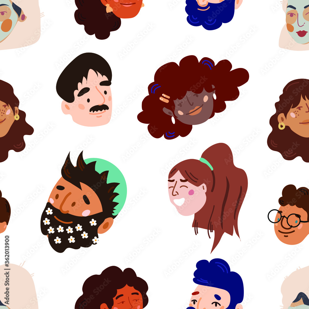 Seamless patterns and hand drawn texture. Various people faces ...