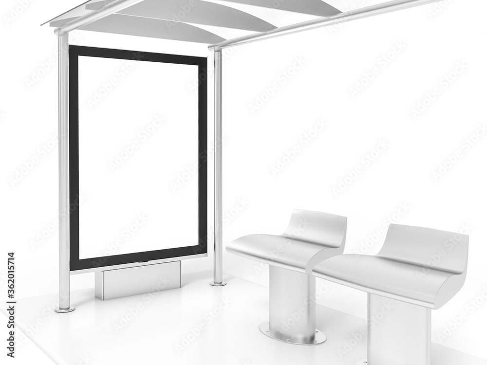 Modern bus stop with blank white poster. Close up, Mock up 3D Rendering ...