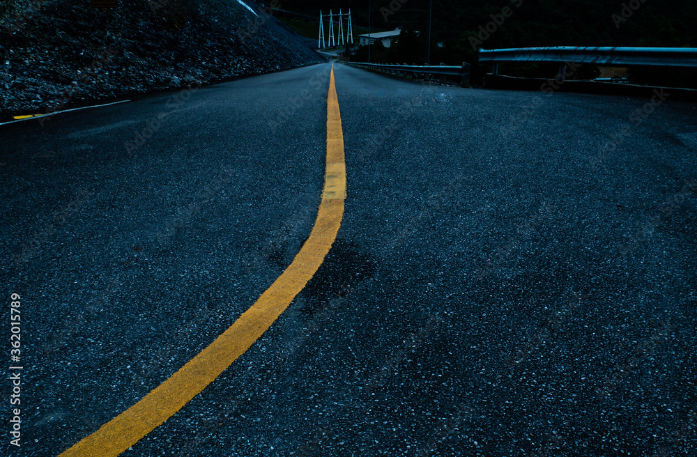 Asphalt road with yellow line curve. Black and yellow asphalt road ... Asphalt road with yellow line curve. Black and yellow asphalt road ...
