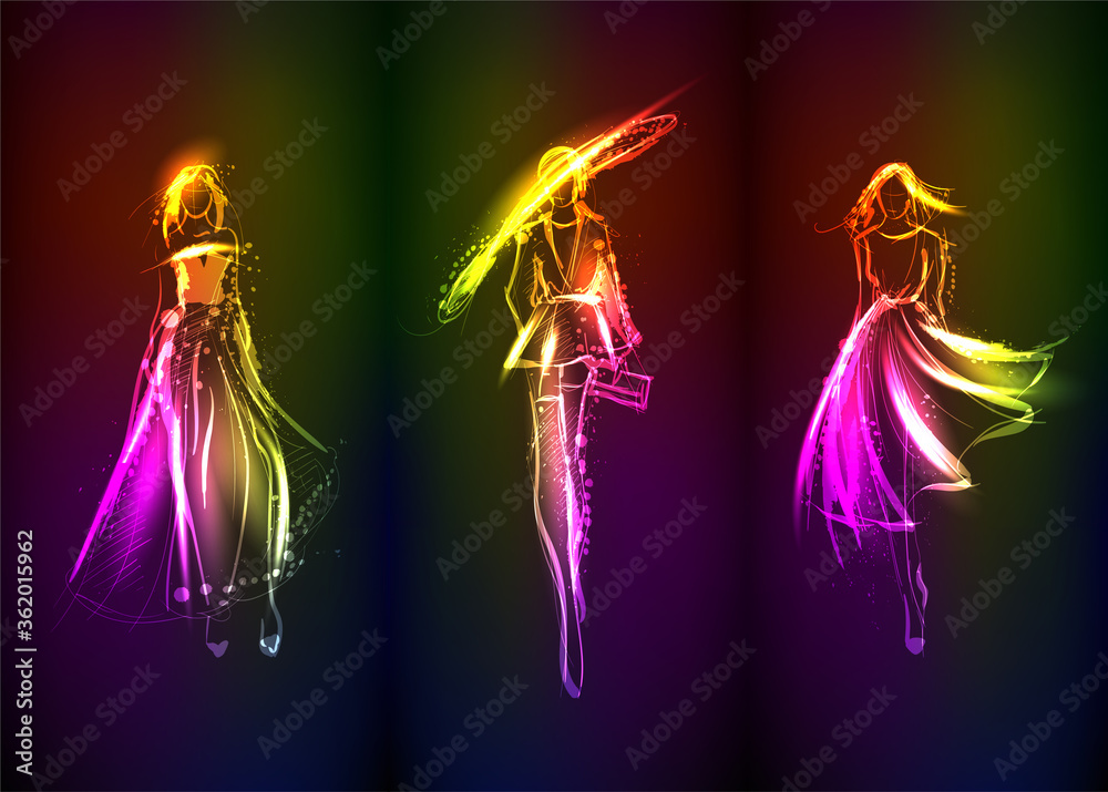 Hand-drawn fashion model from a neon. A light girl's. Fashion girl ...