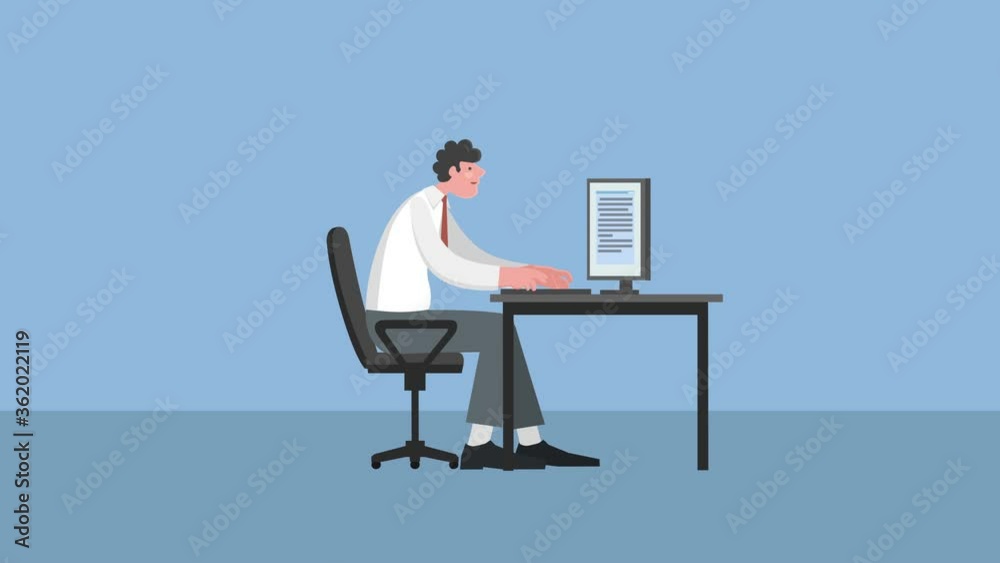 Cartoon Workplace with Man Character Office Worker Works at a Computer ...