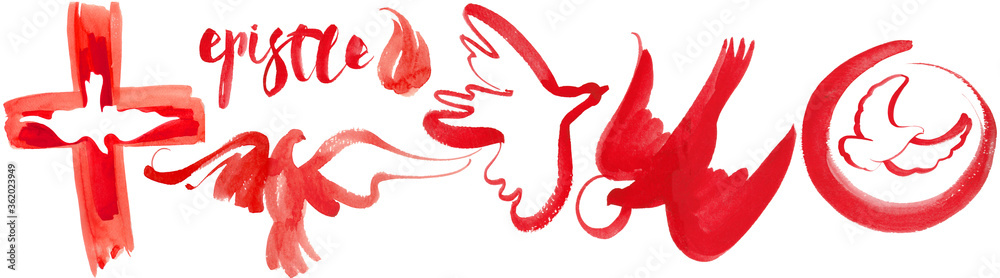 .Set of abstract hand-drawn birds: dove as a symbol of the Holy Spirit ...